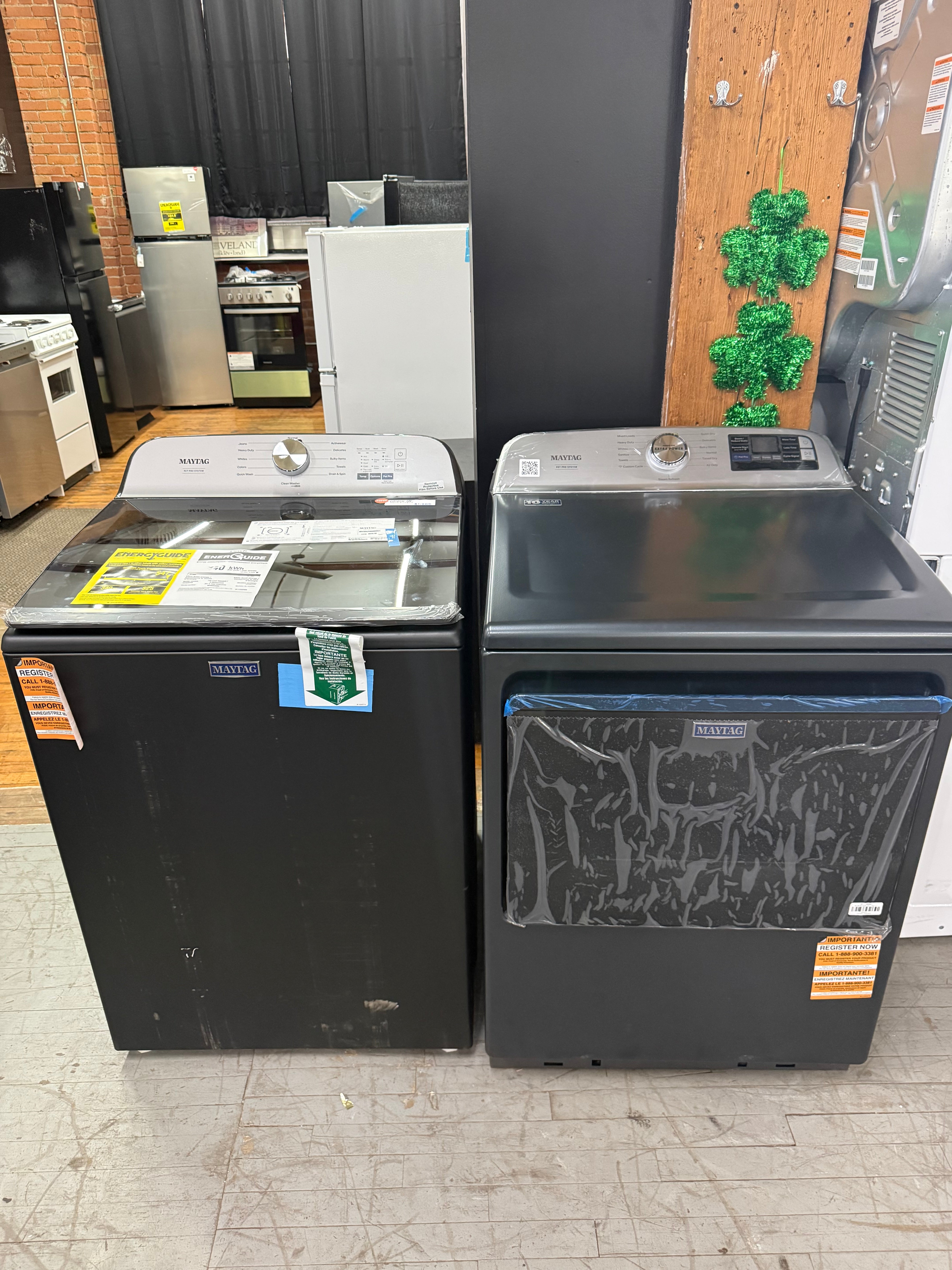 (NEW) Maytag Black W/ Silver Trim Electric Washer & Dryer Set W/ Glass ...